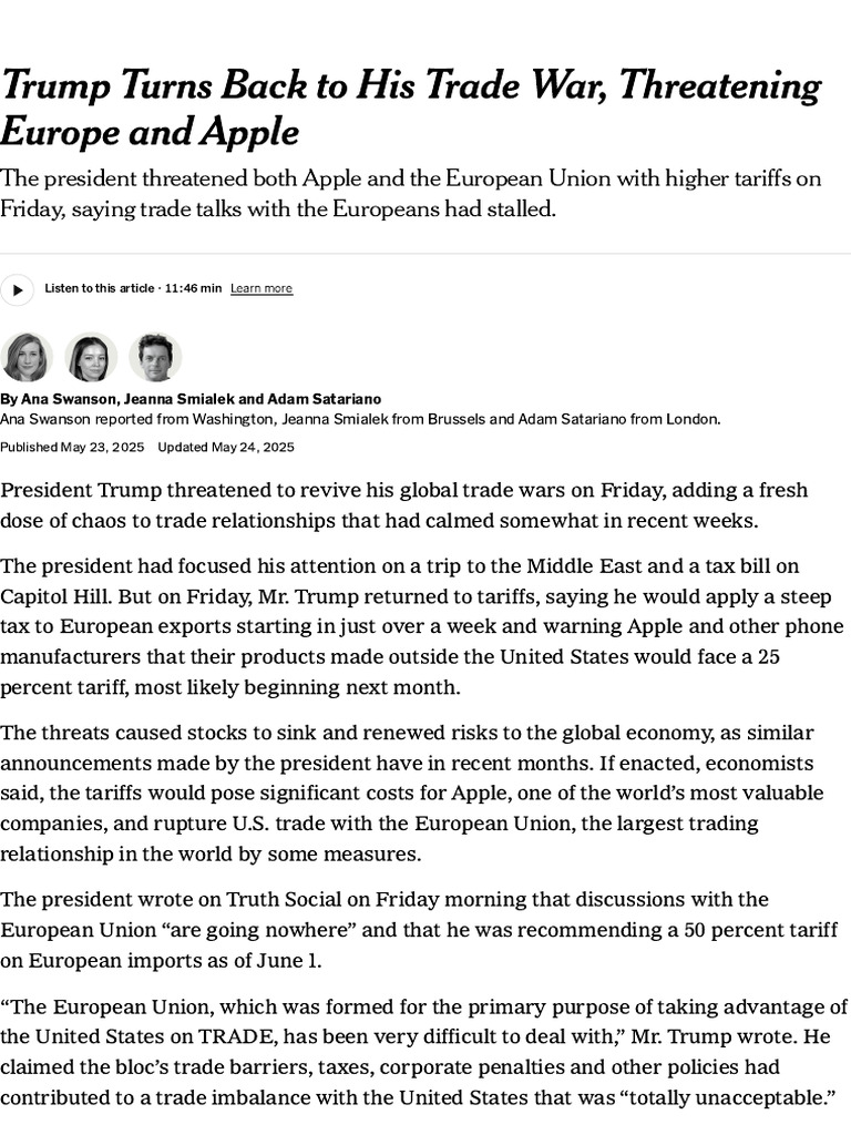 Trump Threatens 50% Tariff On E.U. and 25% Tariff | PDF | Tariff ...