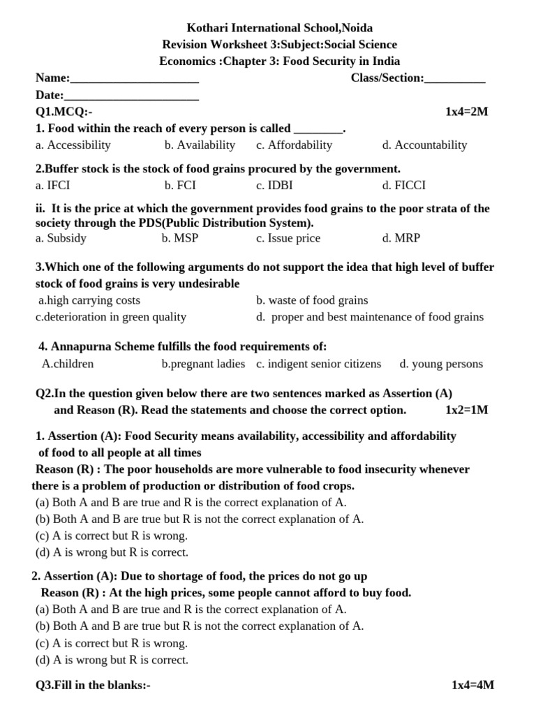 Class 9 Food Security Worksheet | PDF | Human Capital | Food Security