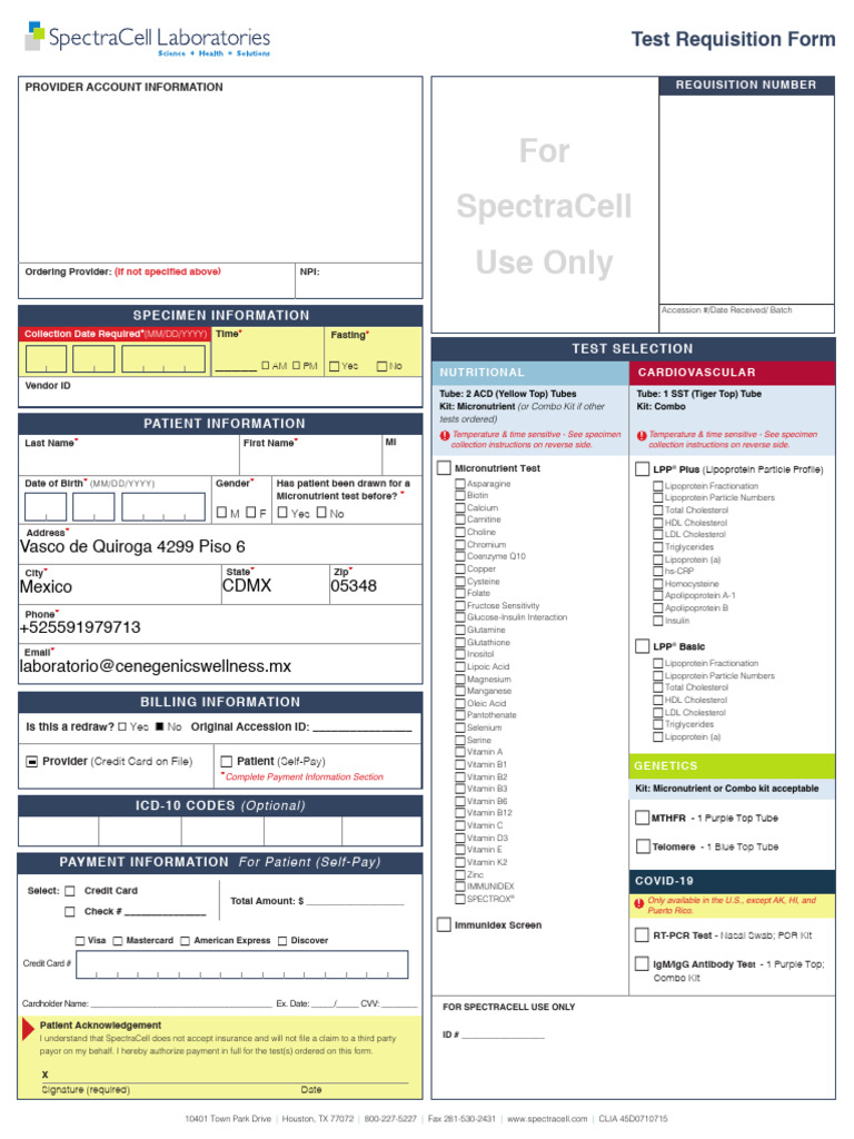 Salud Elite SpectraCell Requisition 11.21 | PDF | Lipoprotein | Cholesterol