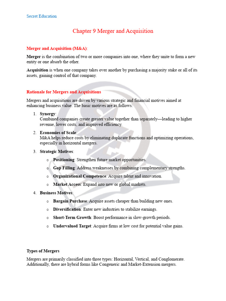Chapter 9 Merger and Acquisition | PDF | Mergers And Acquisitions ...