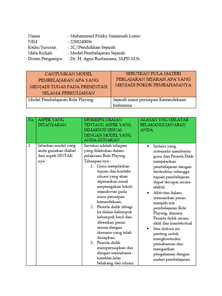 M Frizky Juniansah Lomo - UTS Model Pembelajaran Sejarah | PDF