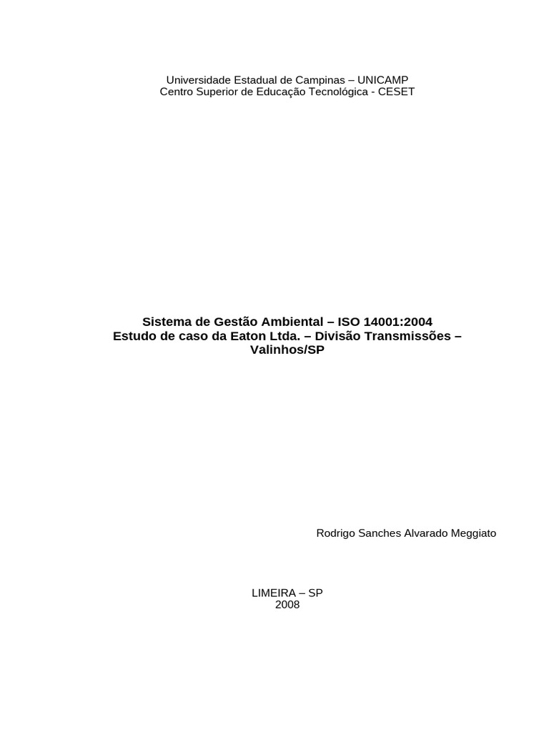 Sistema de Gestão Ambiental - ISO 14001:2004 Estudo de Caso Da Eaton ...