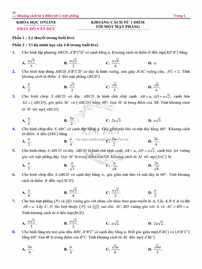 Toan 11 - Buoi 1 - Khoang Cach Tu 1 Diem Toi 1 Mat Phang PDF | PDF