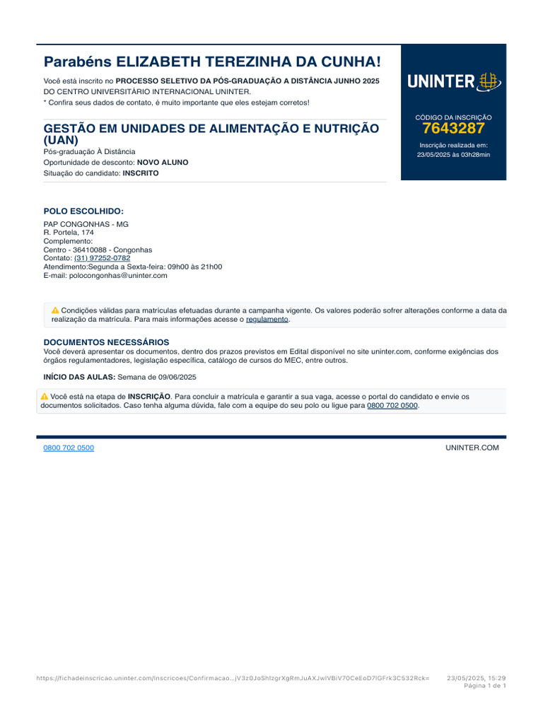 Comprovante UNINTER | PDF