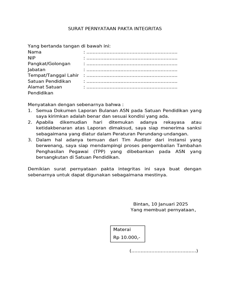 Contoh Surat Pernyataan Fakta Integritas | PDF