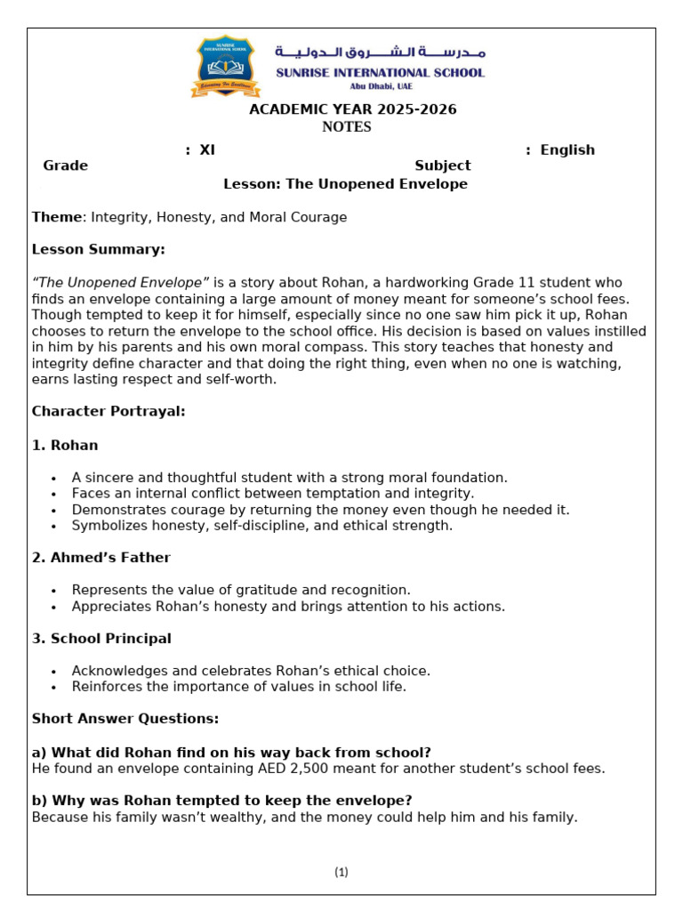 Notes - The Unopened Envelope | PDF | Integrity | Social Psychology