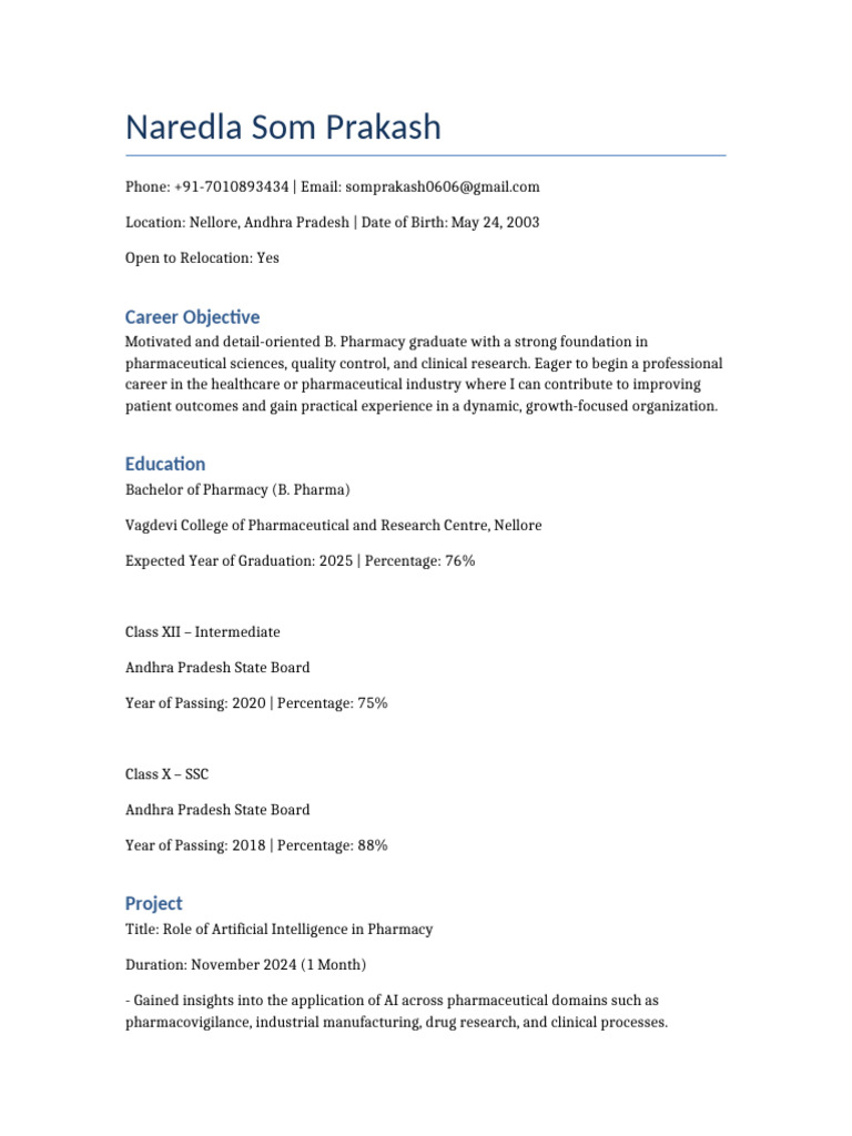 Naredla Som Prakash Resume | PDF