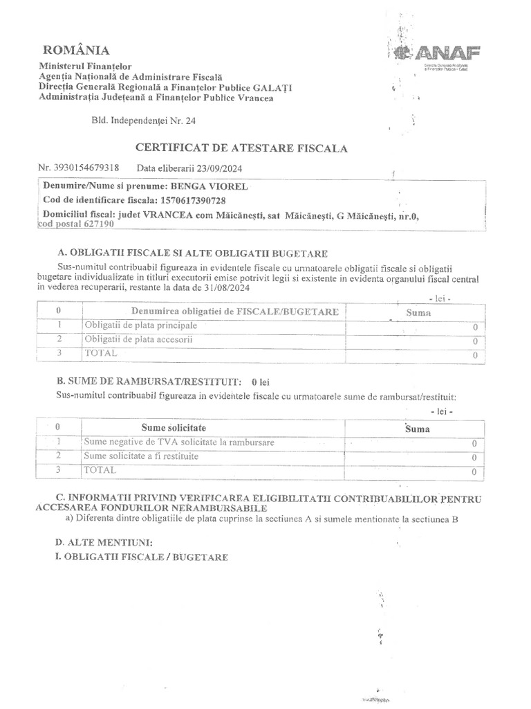 Certificat ANAF-buget de Stat | PDF