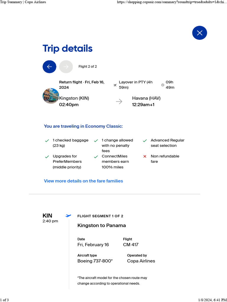 Copa Airlines Economy Classic Itinerary | PDF | Airlines | Aircraft