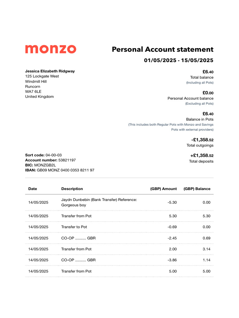 Monzo_bank_statement_2025-05-01-2025-05-15_1864 | PDF | Personal ...