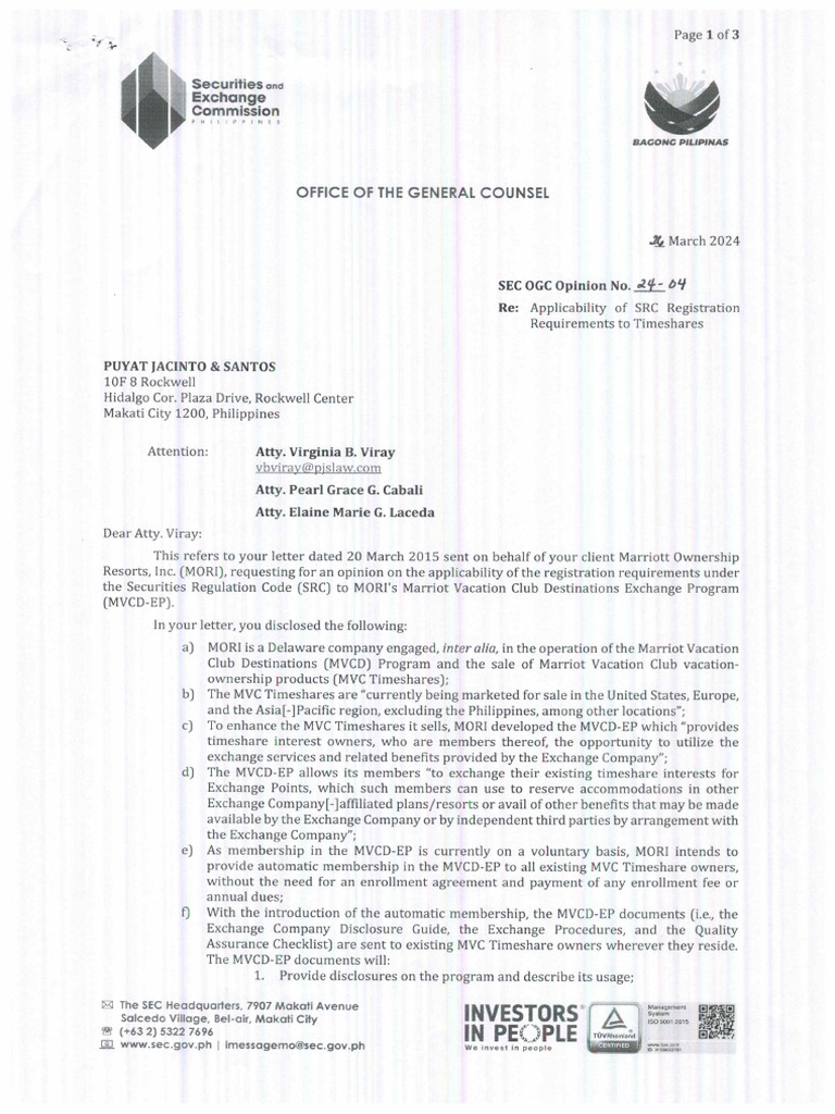 2024opinions SEC OGC Opinion No 24 04 DTD 26 MAR 2024 MARRIOT OWNERSHIP | PDF