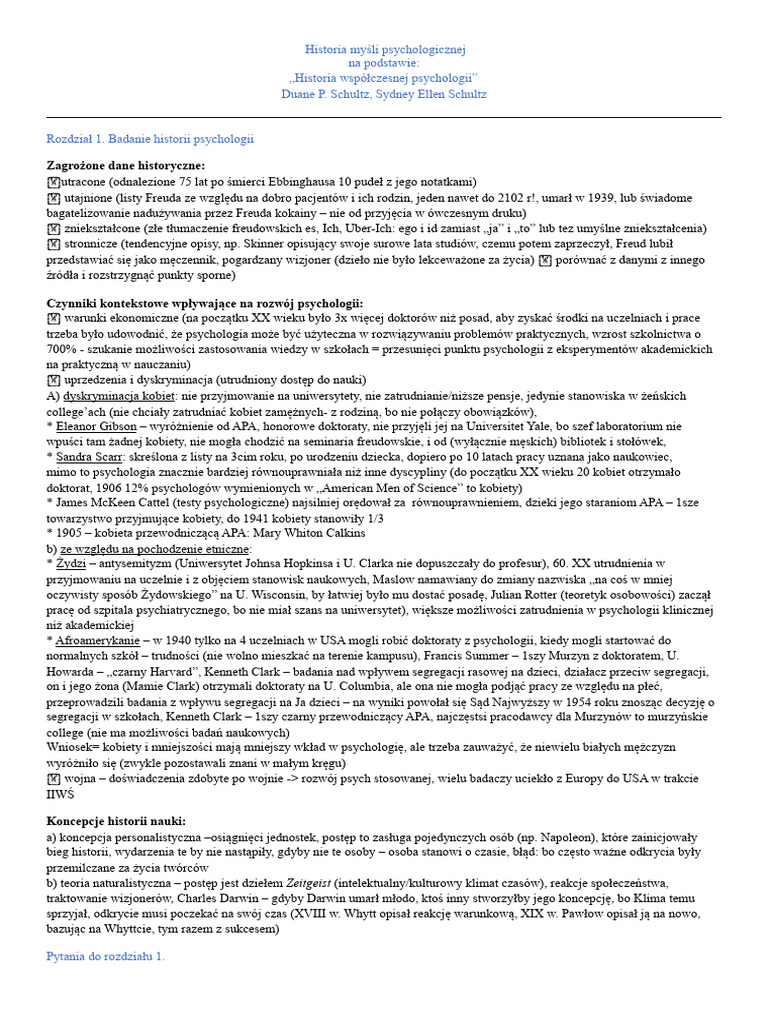 Historia Myśli Psychologicznej - Notatki Z Literatury Pytania Otwarte I Odpowiedzi | PDF
