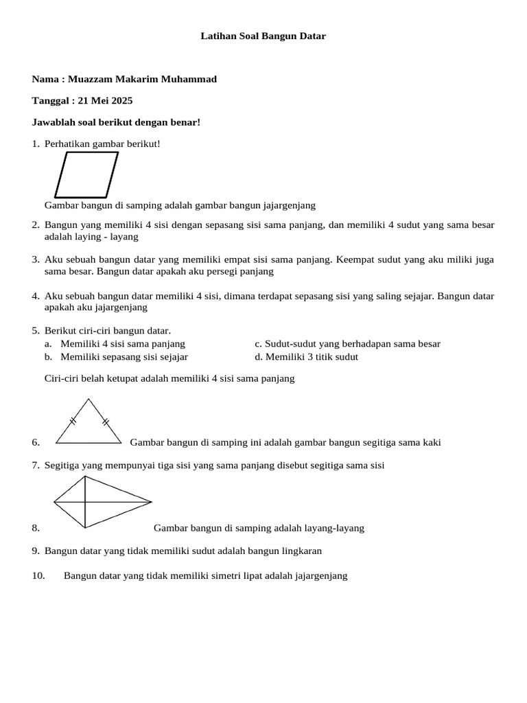 Latihan Soal Bangun Datar Kelas 3D (TUGAS AZZAM) | PDF
