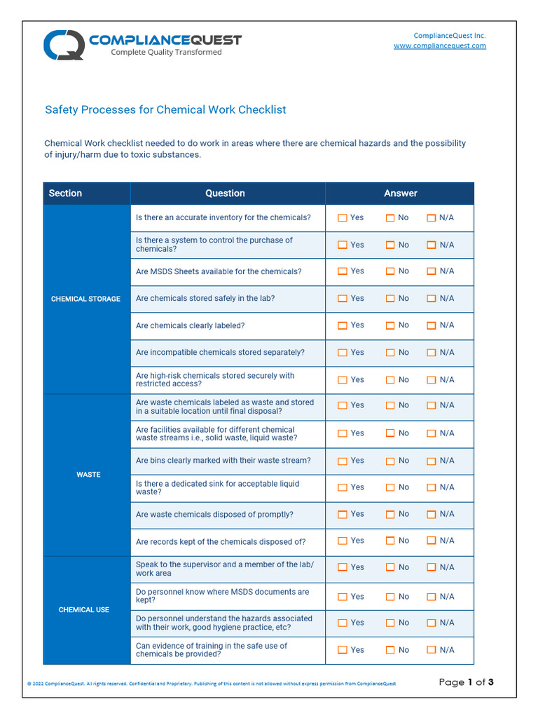 Chemical Work Checklist | PDF | Waste | Safety
