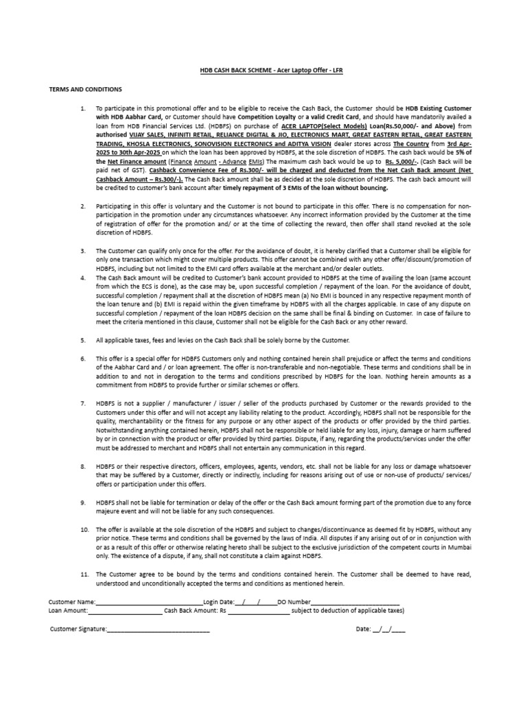 HDB CASH BACK SCHEME - Acer Laptop Offer - LFR - Apr 2025 | PDF ...