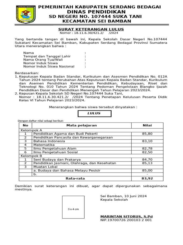 Surat Keterangan Lulus SD 2024 | PDF