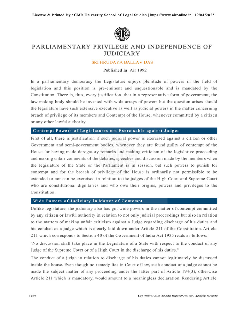 Parliamentary Privilege and Independence of Judiciary | PDF