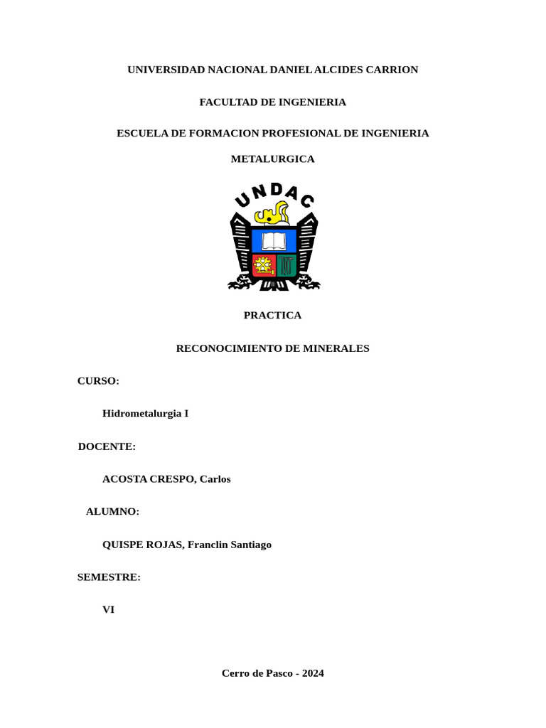 Informe Hidro - Reconocimiento de Minerales Quispe Rojas (Recuperado Automáticamente) | PDF ...