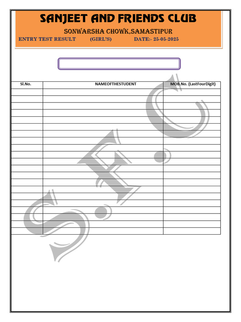 Entry Test Result Girls 25.05.2025 | PDF