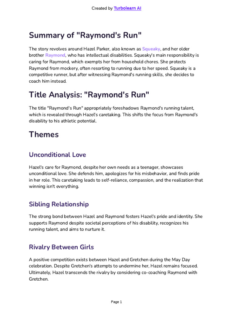Summary of "Raymond's Run": Unconditional Love | PDF | Social Psychology