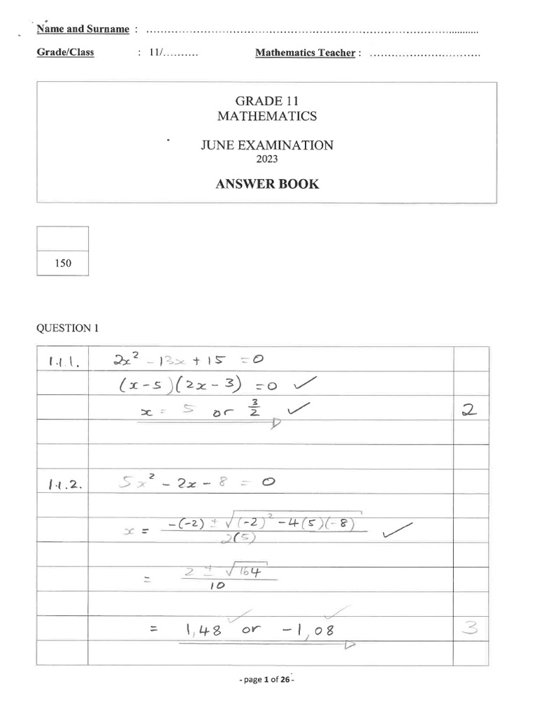 2023 Grade 11 Maths June Paper Solutions | PDF