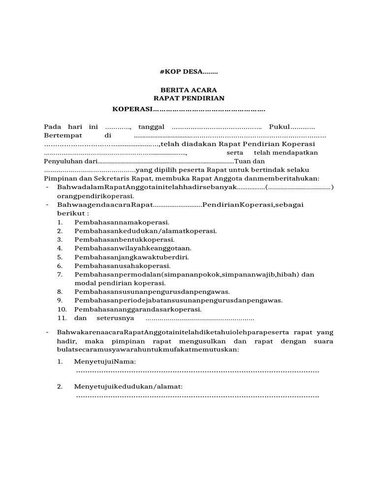 Form Berita Acara Rapat Pendiri - Pendirian Kop Baru | PDF
