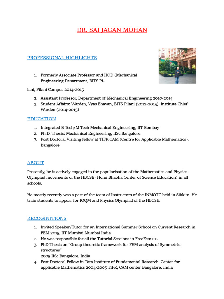 Dr. Sai Jagan Mohan: Academic Profile | PDF