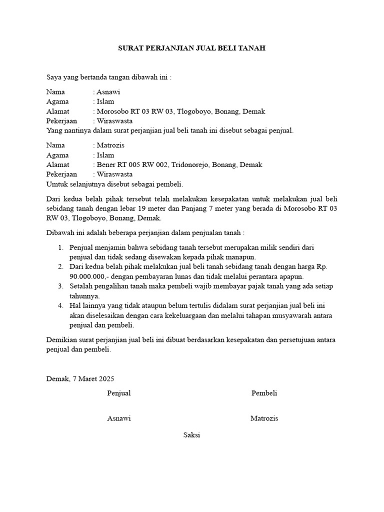 Surat Perjanjian Jual Beli Tanah | PDF