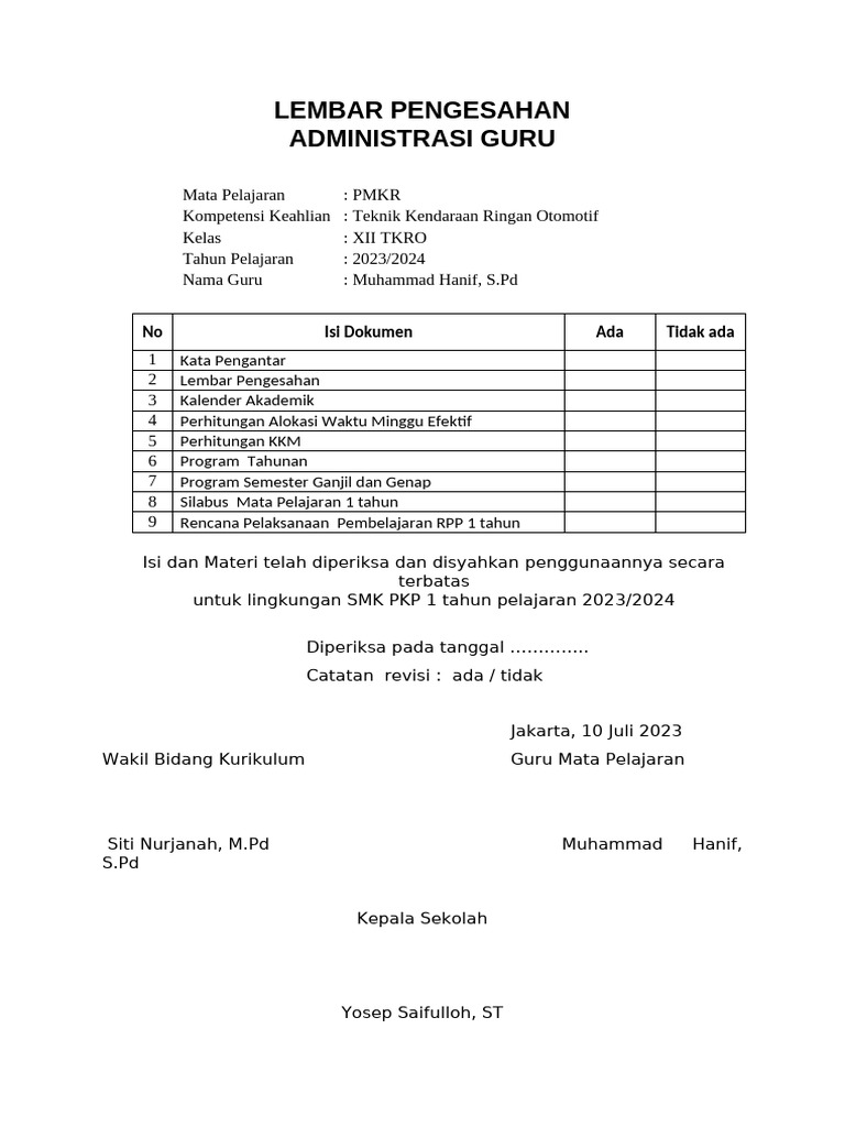 Lembar Pengesahan PMKR Kelas XII TKRO | PDF