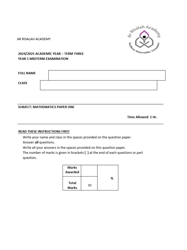 Year 5 Midterm Maths Paper 1 | PDF | Triangle | Elementary Geometry