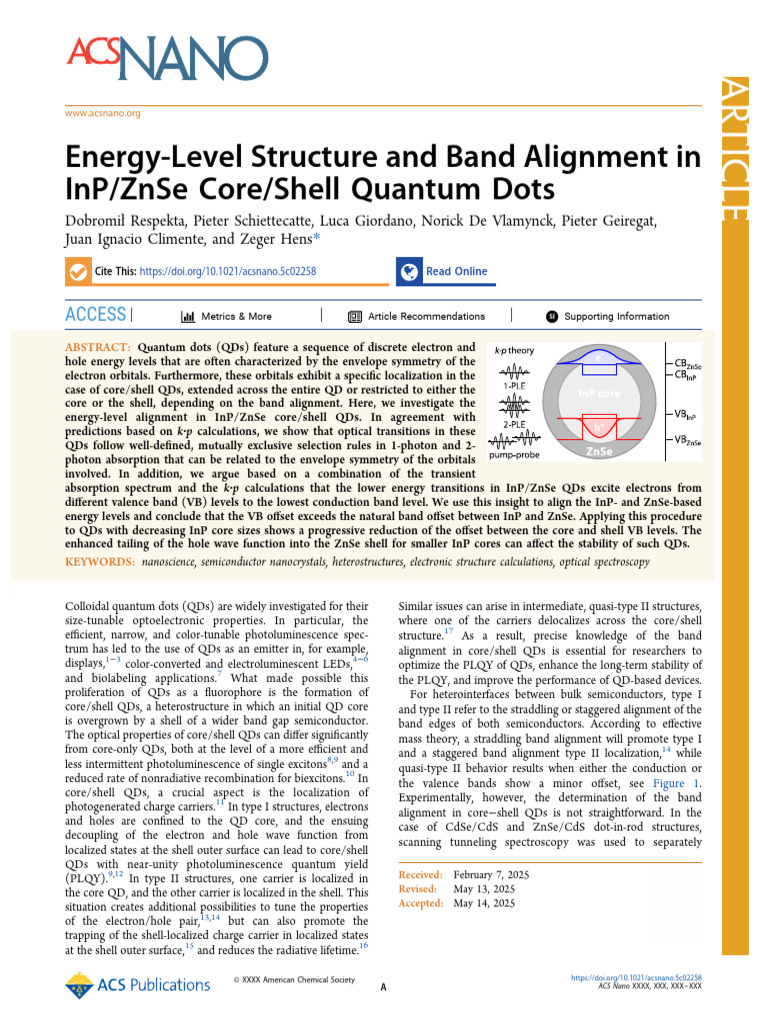 Respekta Et Al 2025 Energy Level Structure and Band Alignment in Inp Znse Core Shell Quantum ...
