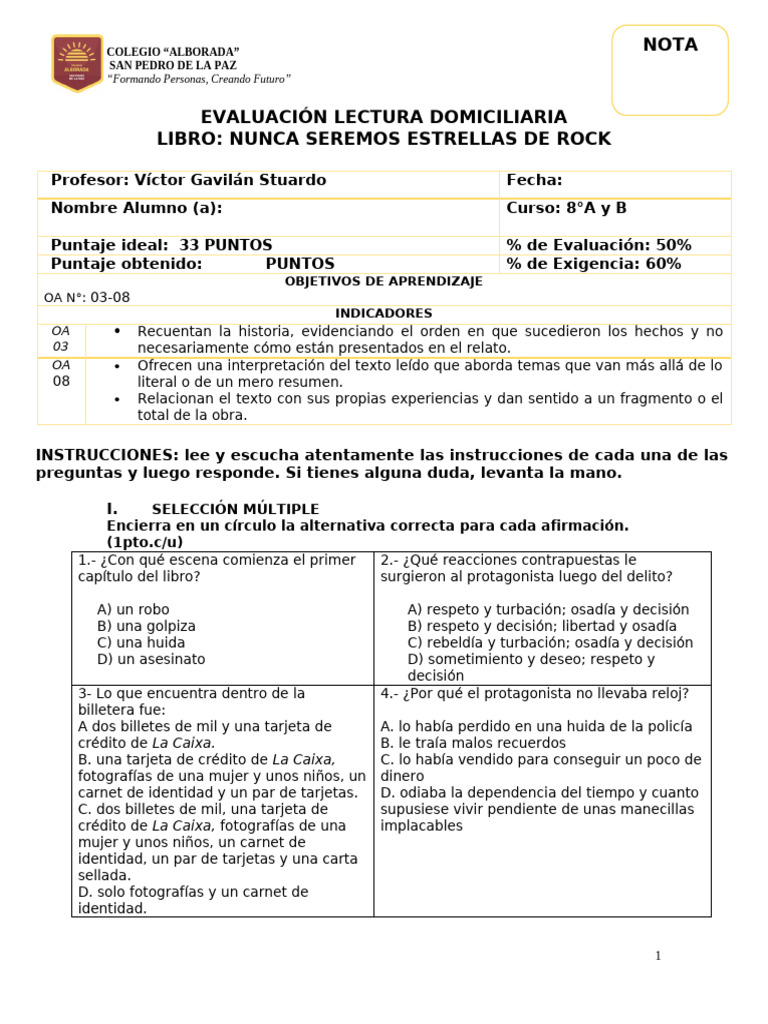 Control de Lectura NUNCA SEREMOS ESTRELLAS DE ROCK | PDF