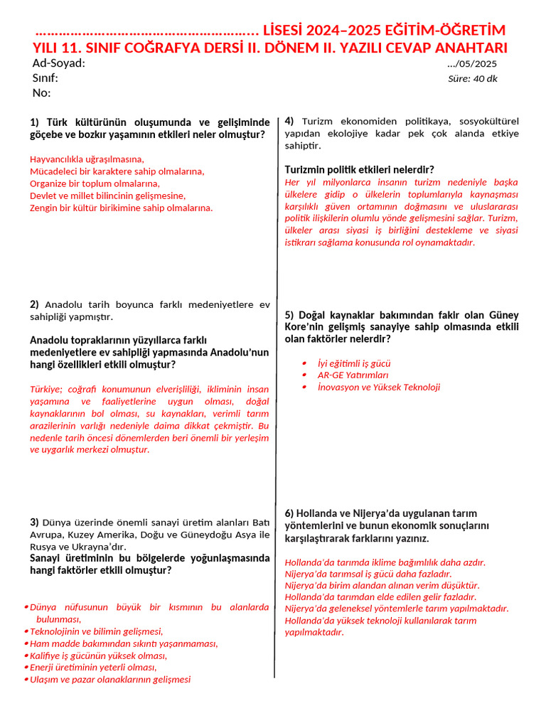 11 Sinif 2 Donem 2 Yazili Cevap Anahtari 2025 | PDF