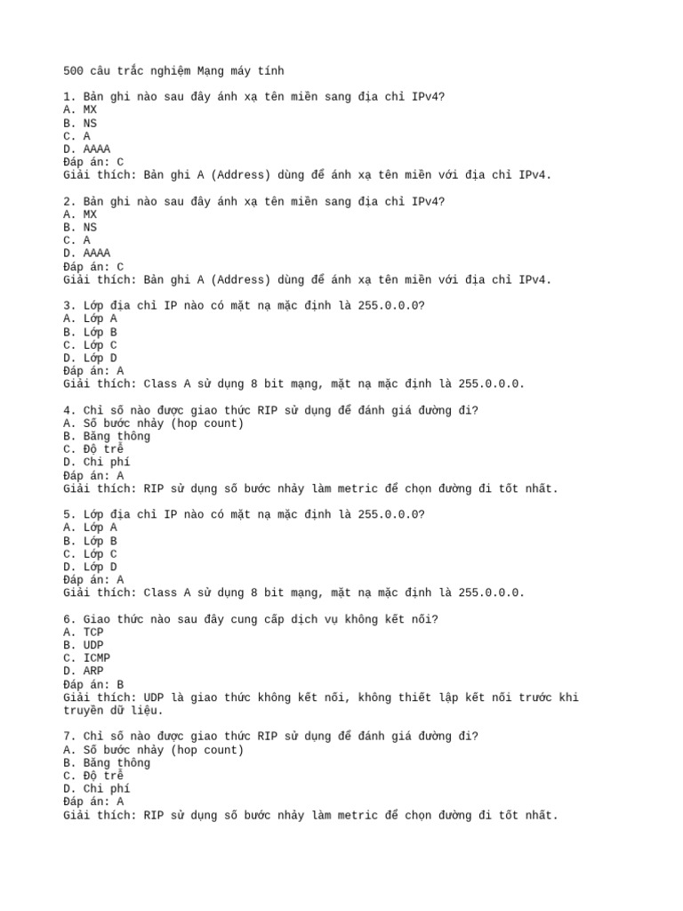 500 Cau Trac Nghiem Mang May Tinh VN | PDF