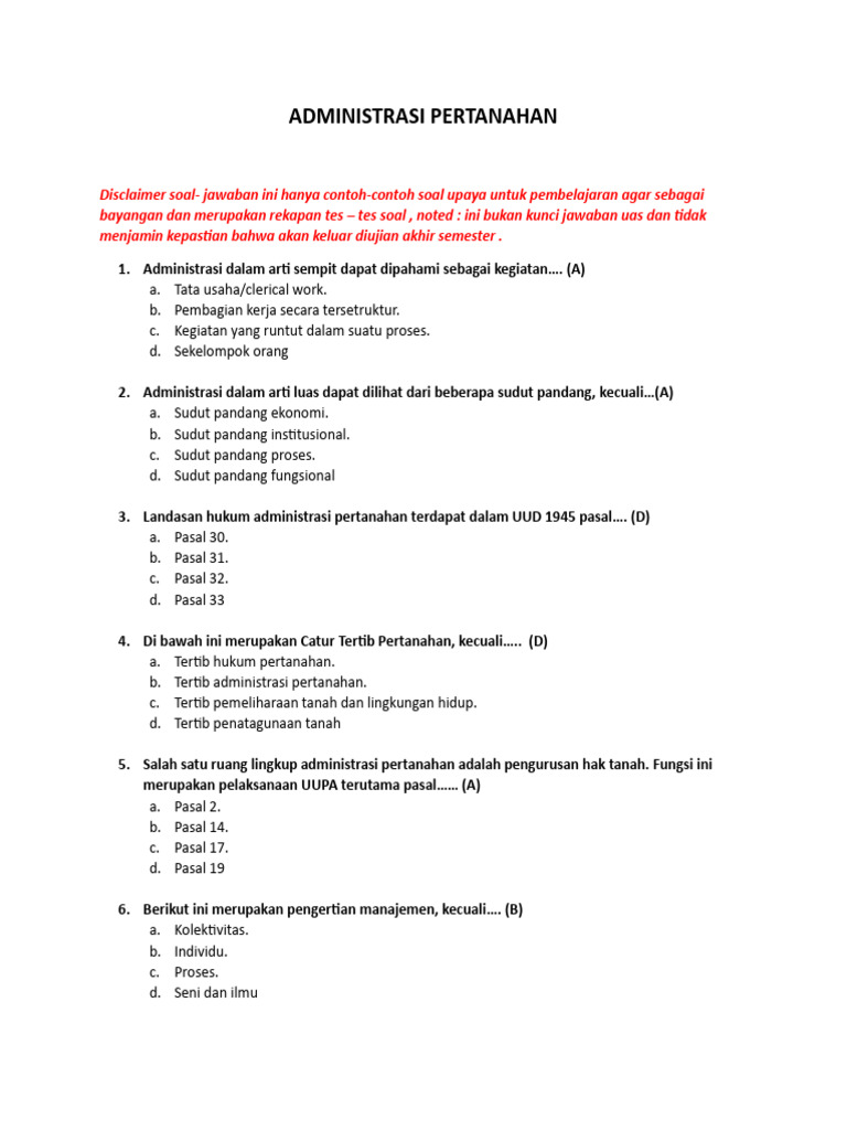 Administrasi Pertanahan Setengah Soal | PDF