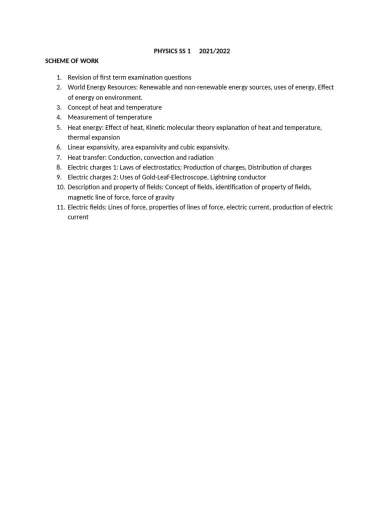 PHYSICS SS 1 Second Term Scheme 2022-2023 | PDF