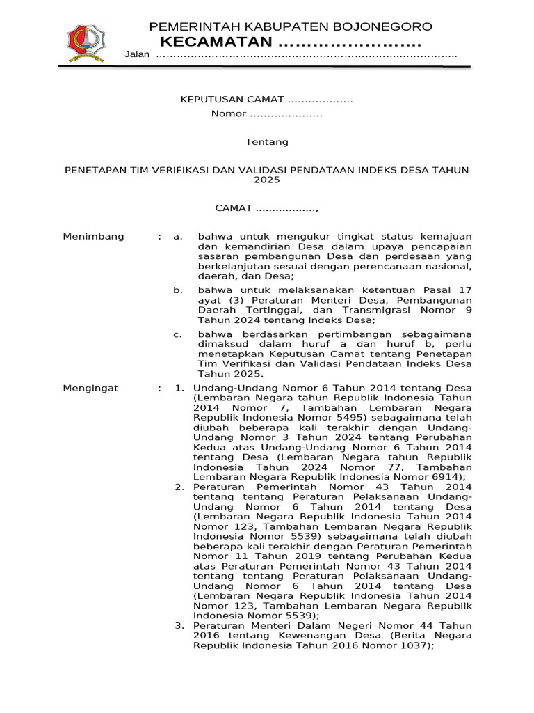 Contoh Sk Camat_tim Verifikasi & Validasi Indeks Desa | PDF