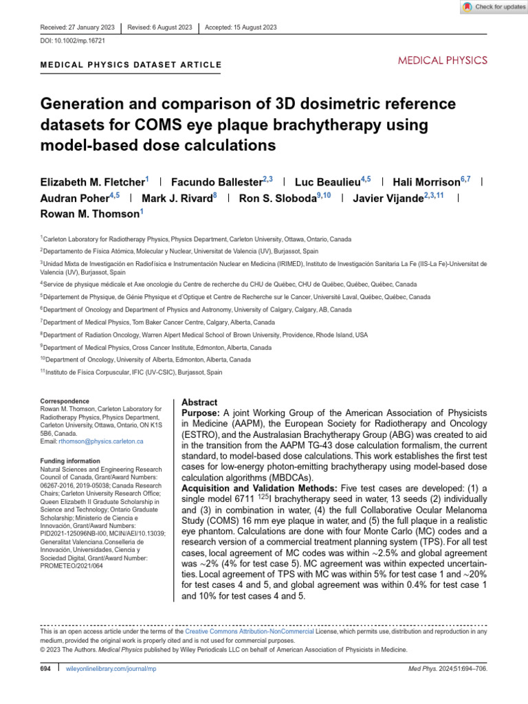 Medical Physics - 2023 - Fletcher - Generation and Comparison of 3D Dosimetric Reference ...