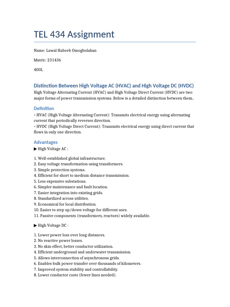 TEL 434 HVAC Vs HVDC Detailed Assignment | PDF | High Voltage Direct Current | Electric Power ...