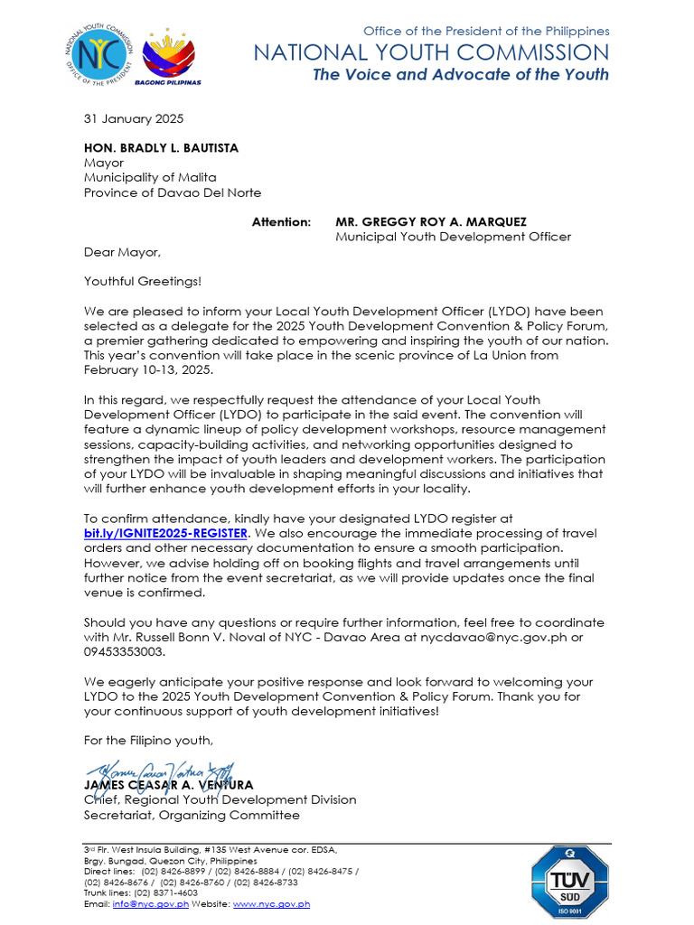 NatCon Letter First Batch LYDO-Greggy Roy Marquez | PDF | Government