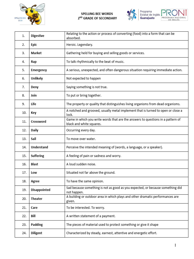 Anexo 3 SPELLING BEE Words 2nd Grade Secondary | PDF