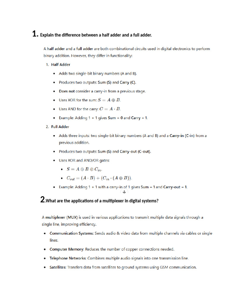 Explain The Difference Between A Half Adder and A Full Adder | PDF