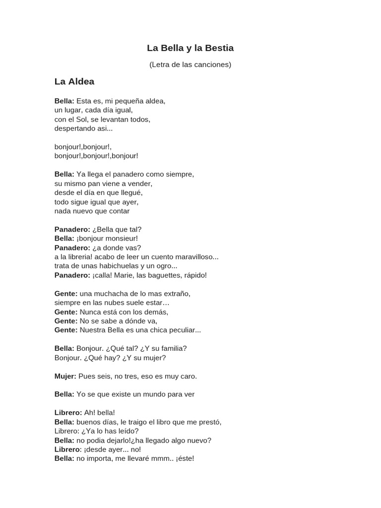 Letras de Canciones de La Bella y la Bestia | PDF