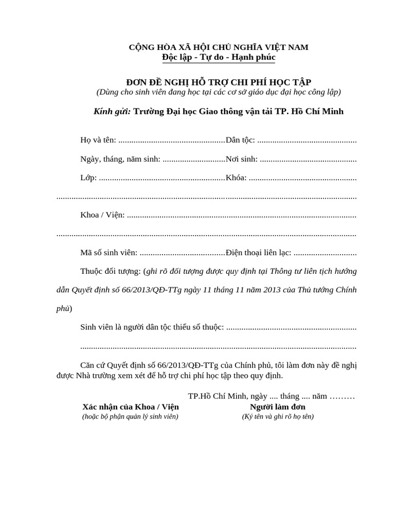 Mau Don de Nghi Ho Tro Chi Phi Hoc Tap 01032023 | PDF