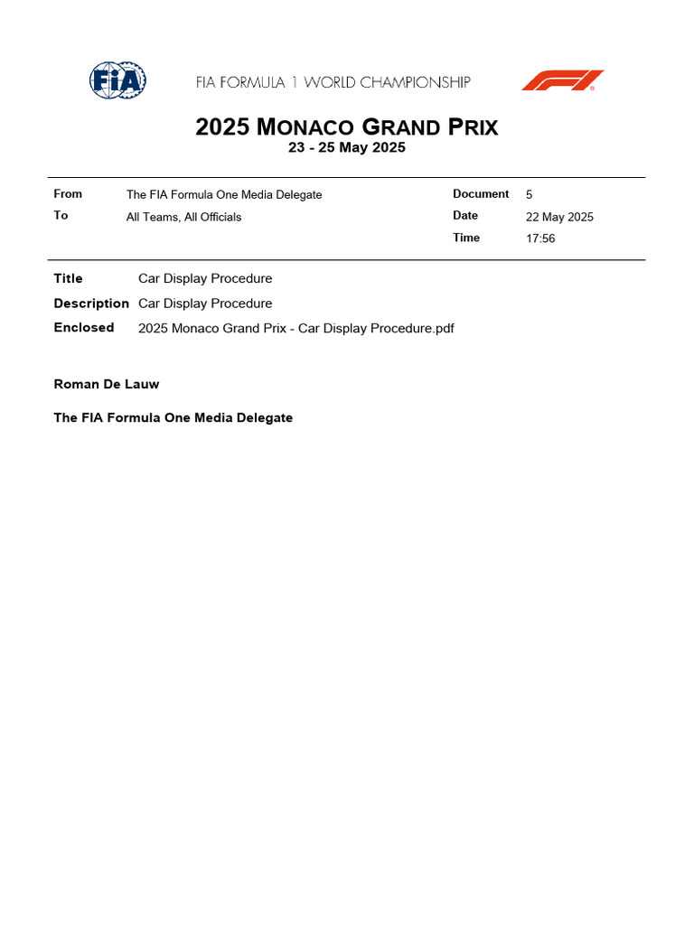 2025 Monaco Grand Prix Car Display Guide | PDF | Formula One ...