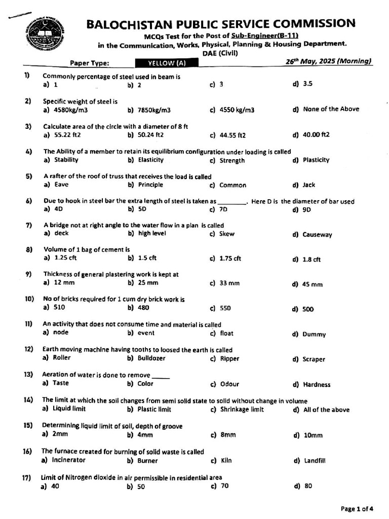 BPSC Paper Sub-Engineer 26 May 2025 | PDF