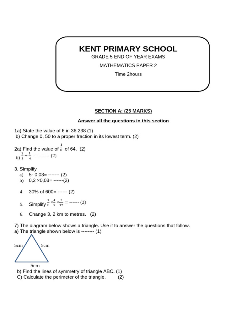 Grade 5 Maths Paper 2 End of Year Exams 2022 | PDF