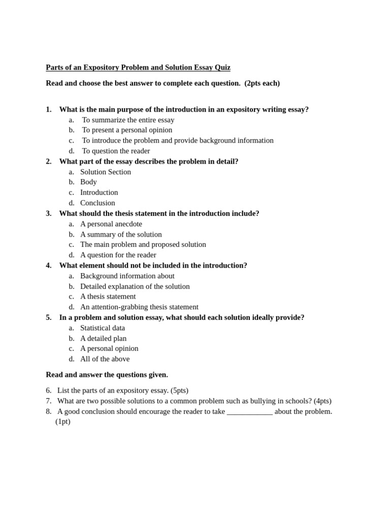 Parts of An Expository Problem and Solution Essay Quiz | PDF