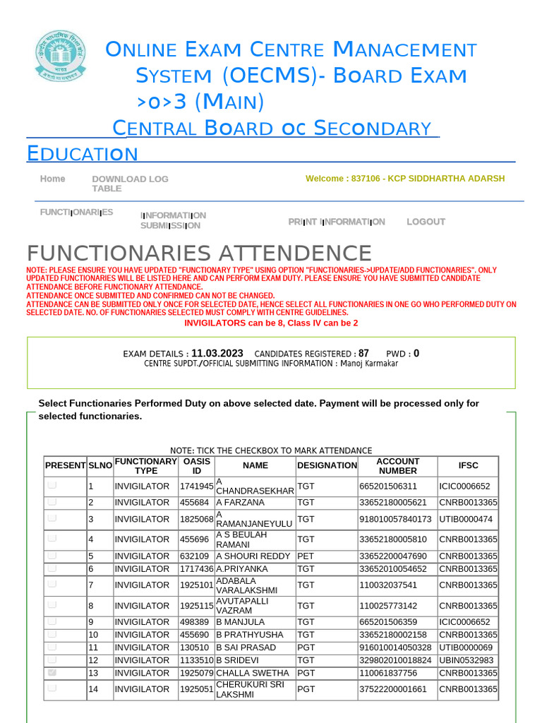 O Ex C M S (OECMS) - Bo Ex o 3 (M) C B o o C S o E O: Functionaries Attendence | PDF