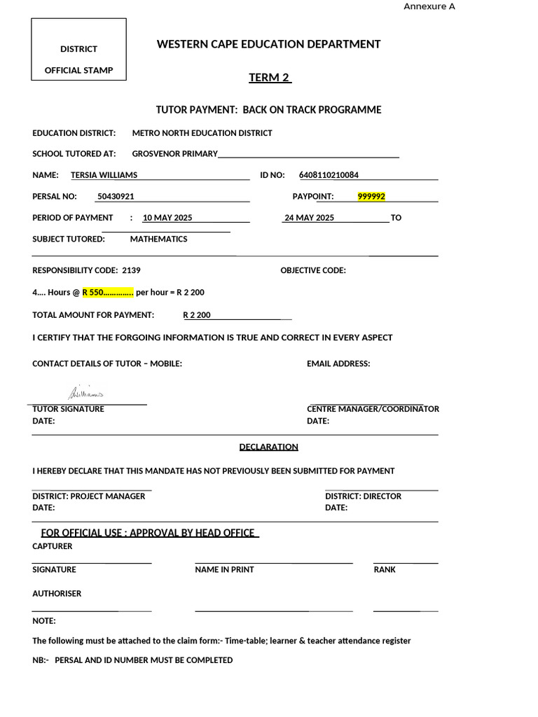Tutor Payment Claim for Mathematics | PDF